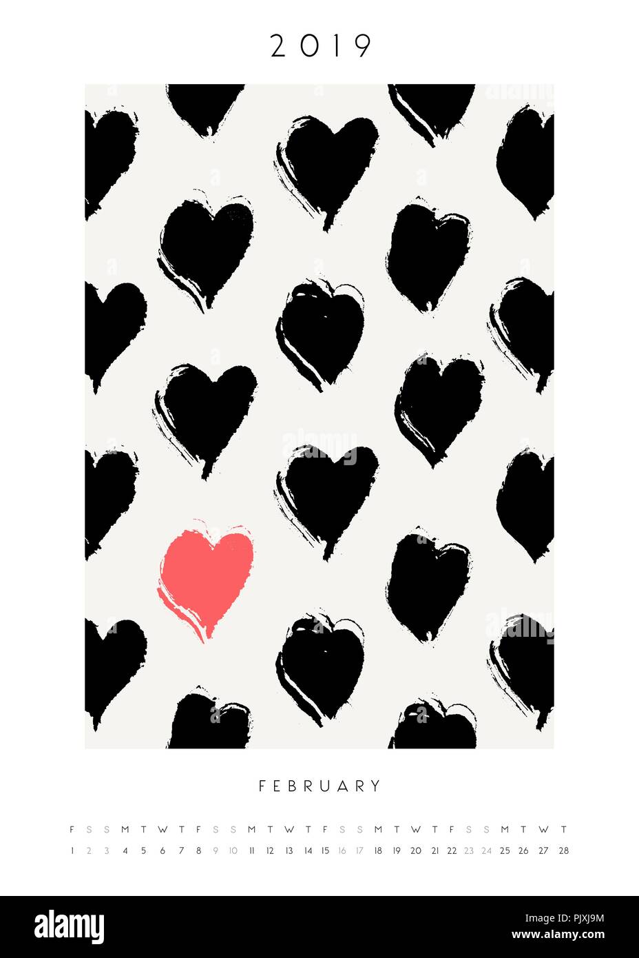 Printable A4 size February 2019 calendar template. Hand drawn hearts ...