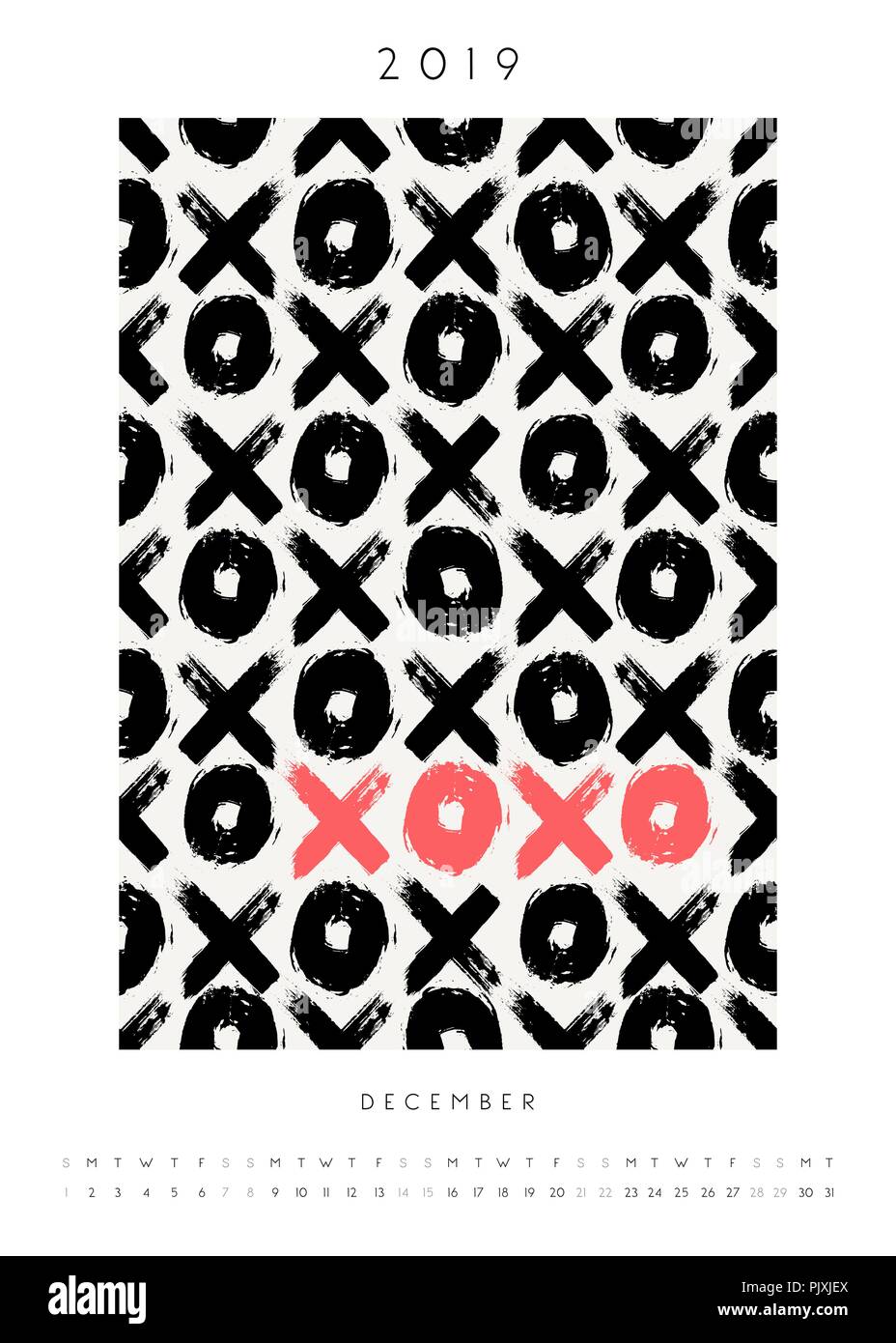 Printable A4 size December 2019 calendar template. Hand drawn symbols ...