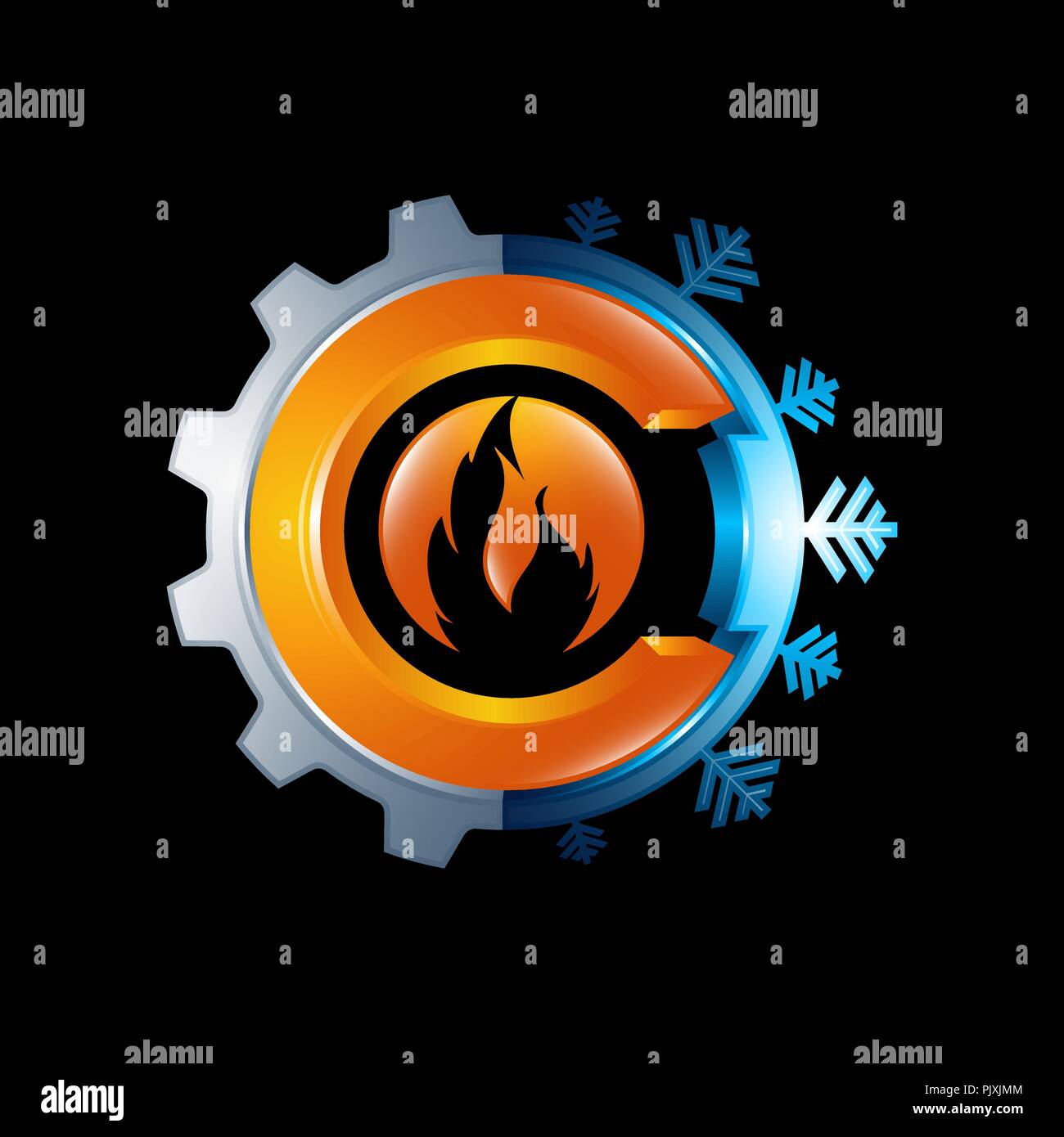 Vector logo concept illustration. Gear and fire flame sign illustration ...