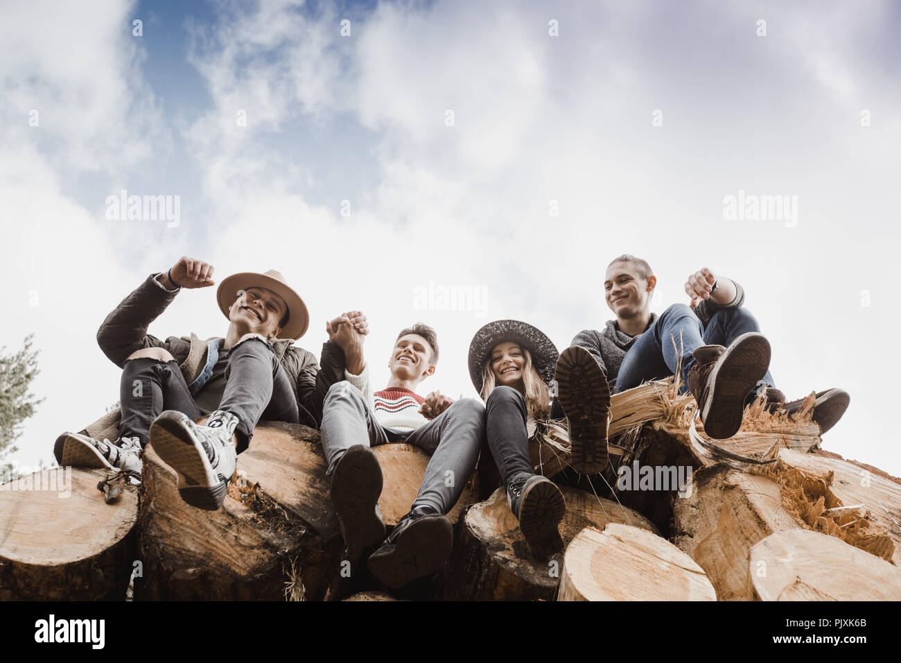 Group of young people sitting on logs Stock Photo - Alamy