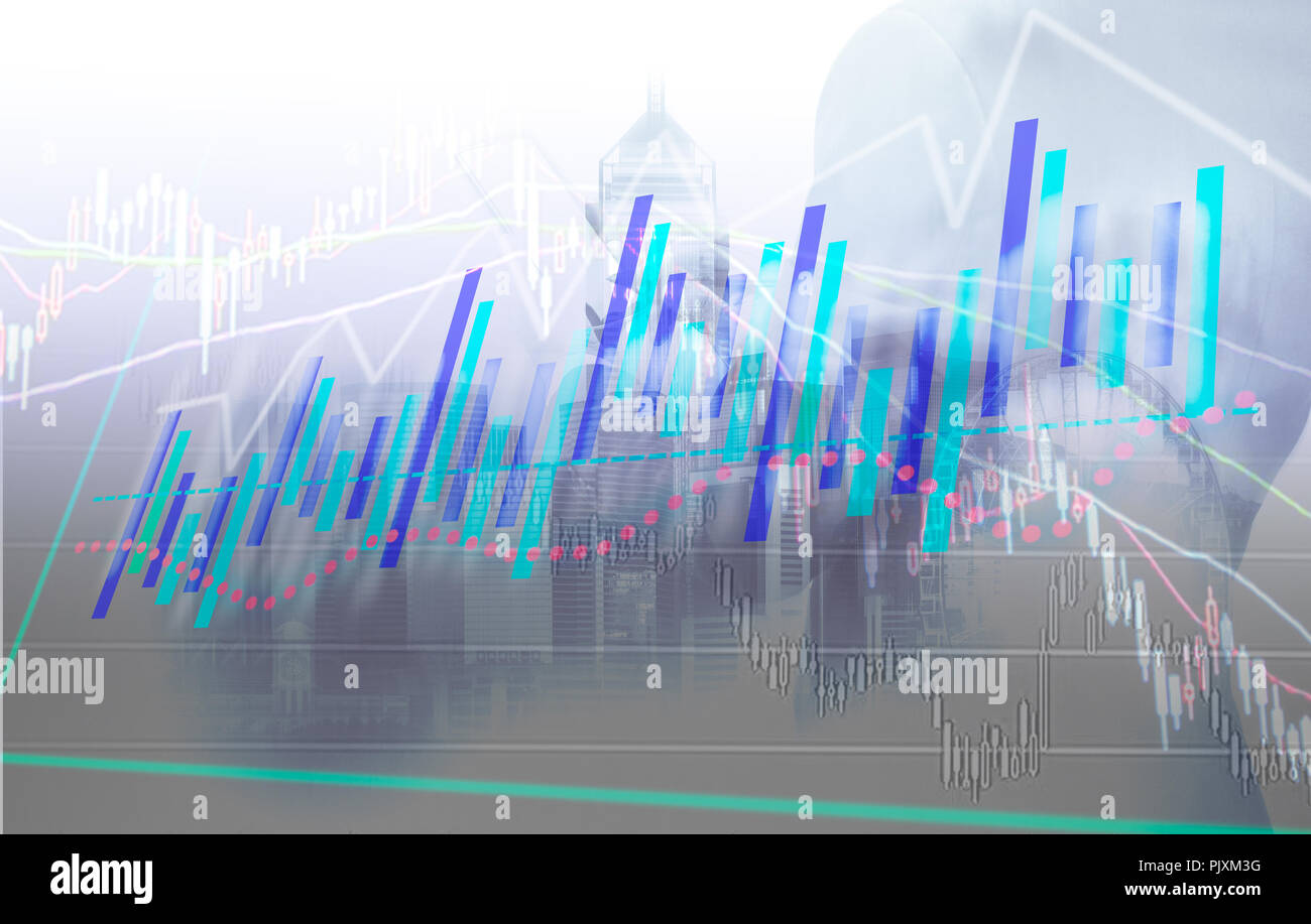 Businessman and Hong Kong city view with index chart on background ...