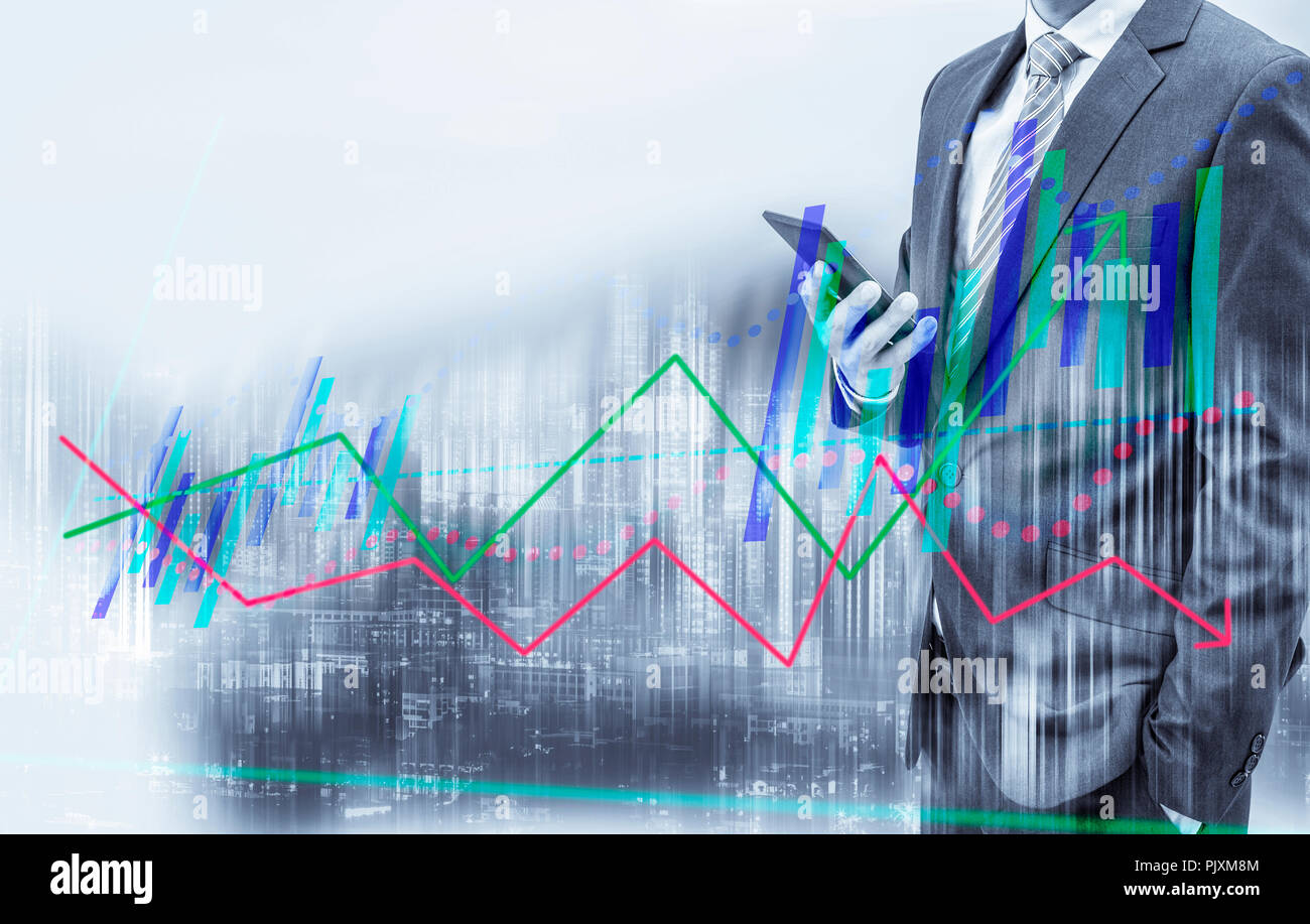 Businessman and Hong Kong city view with index chart on background ...