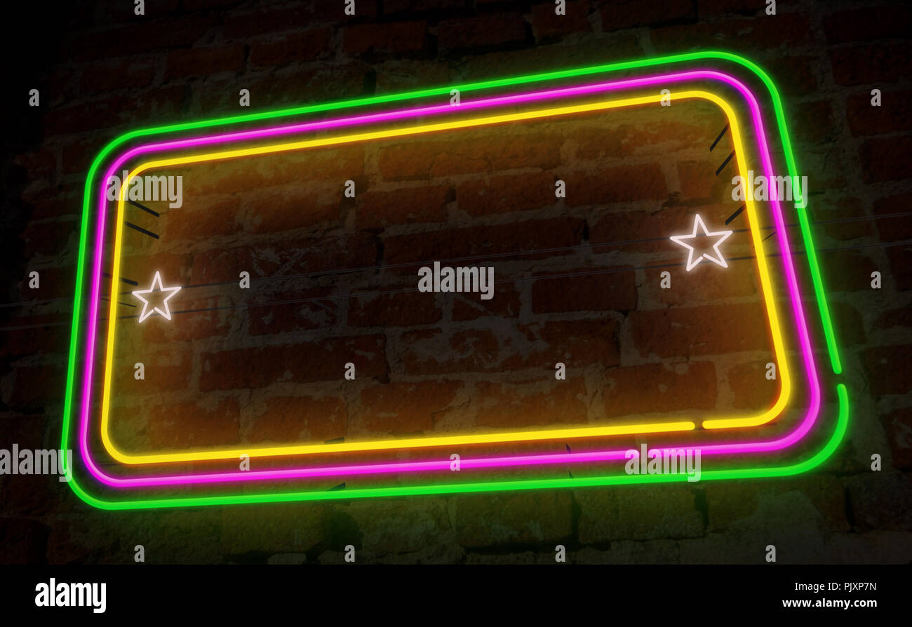 Neon background light frame on brick wall. Electric rectangles and ...