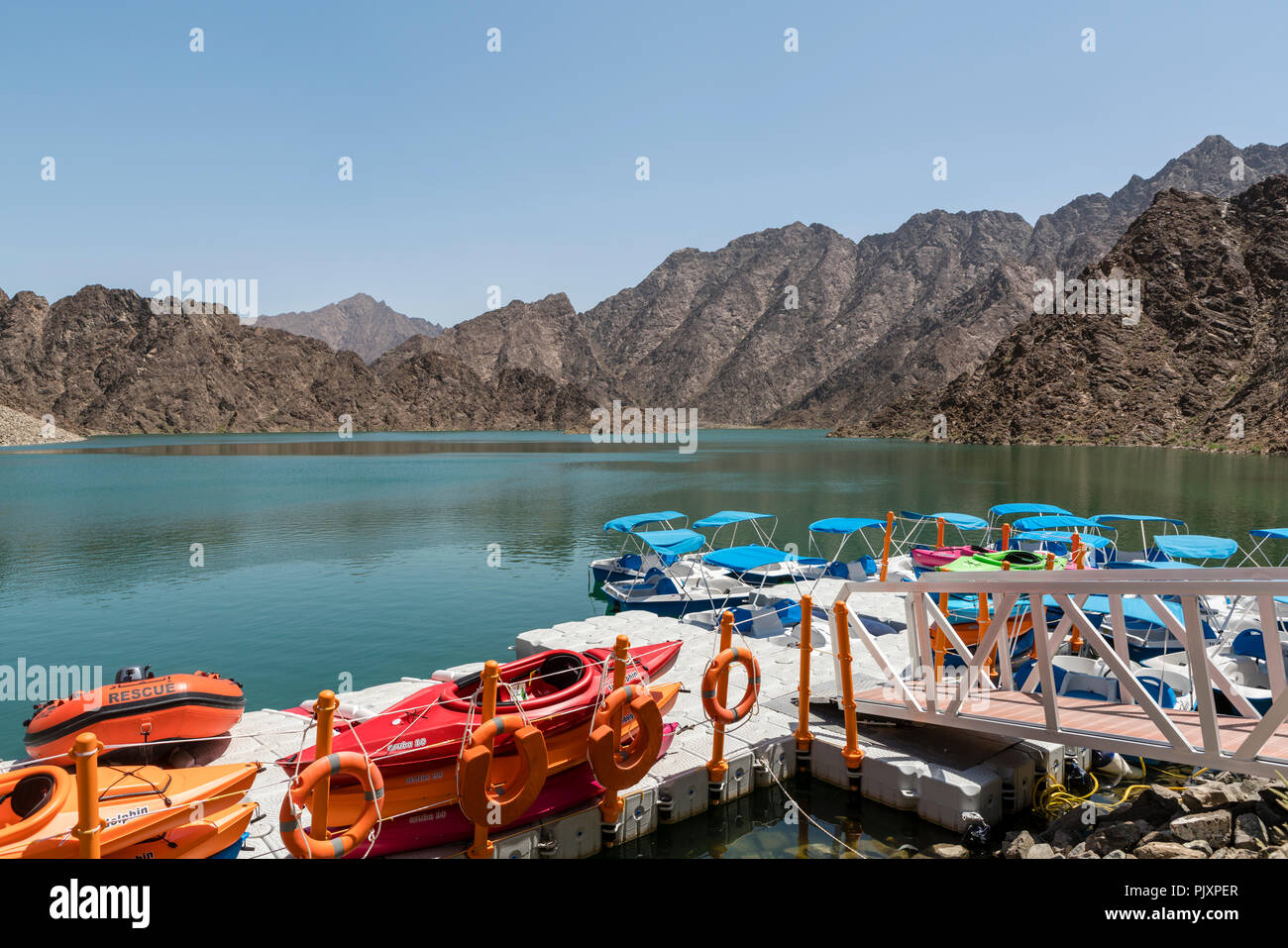 Pleasure boats and kayaks for hire at Hatta Dam and reservoir in Hatta ...