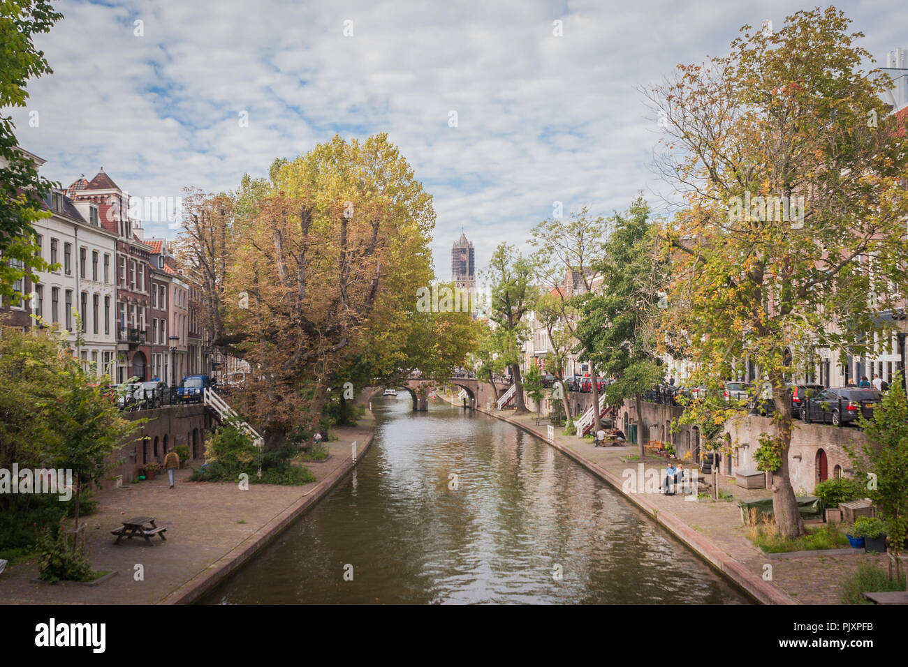 A view of Utrecht's famous Dom Tower over the Oude Gracht in early ...