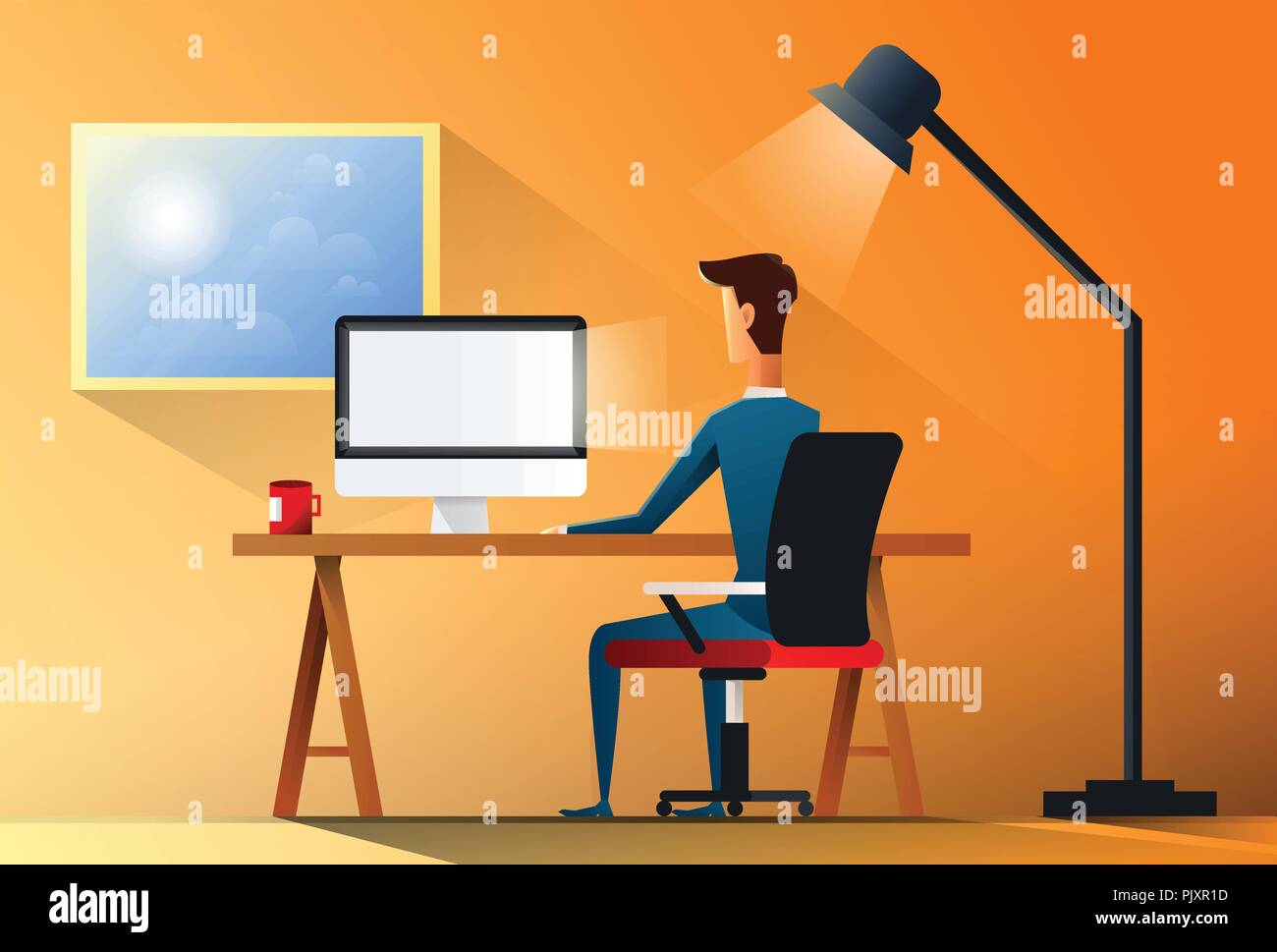 Business Man Sitting Desk Office Working Place Laptop Back Rear View ...