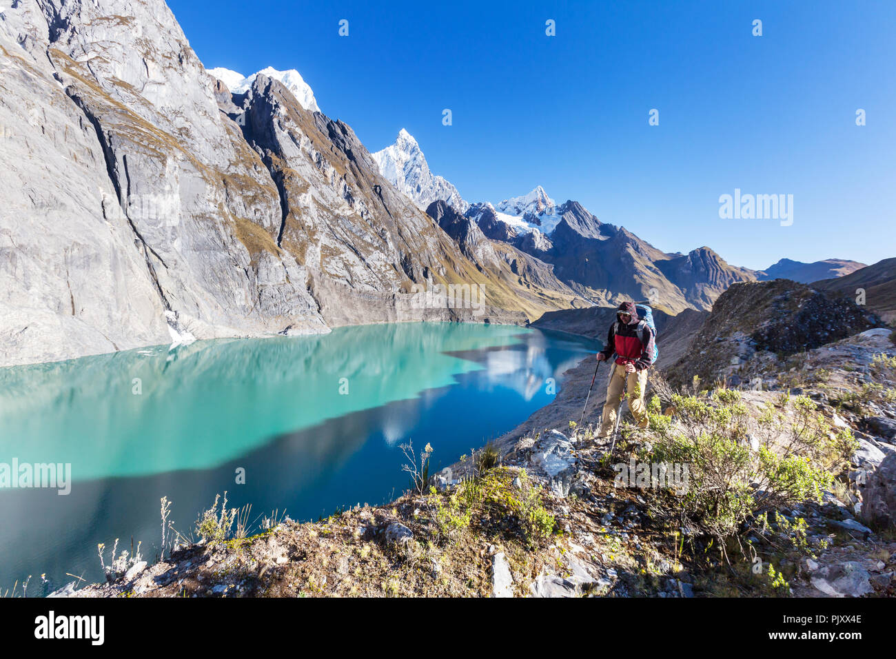 Hiking scene in Cordillera mountains, Peru Stock Photo - Alamy