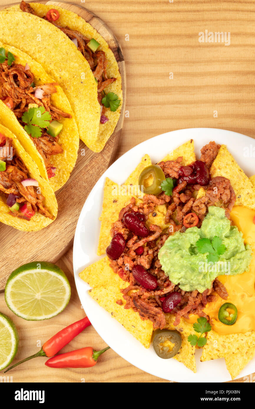 Overhead photo of Mexican tacos and nachos with copy space Stock Photo ...