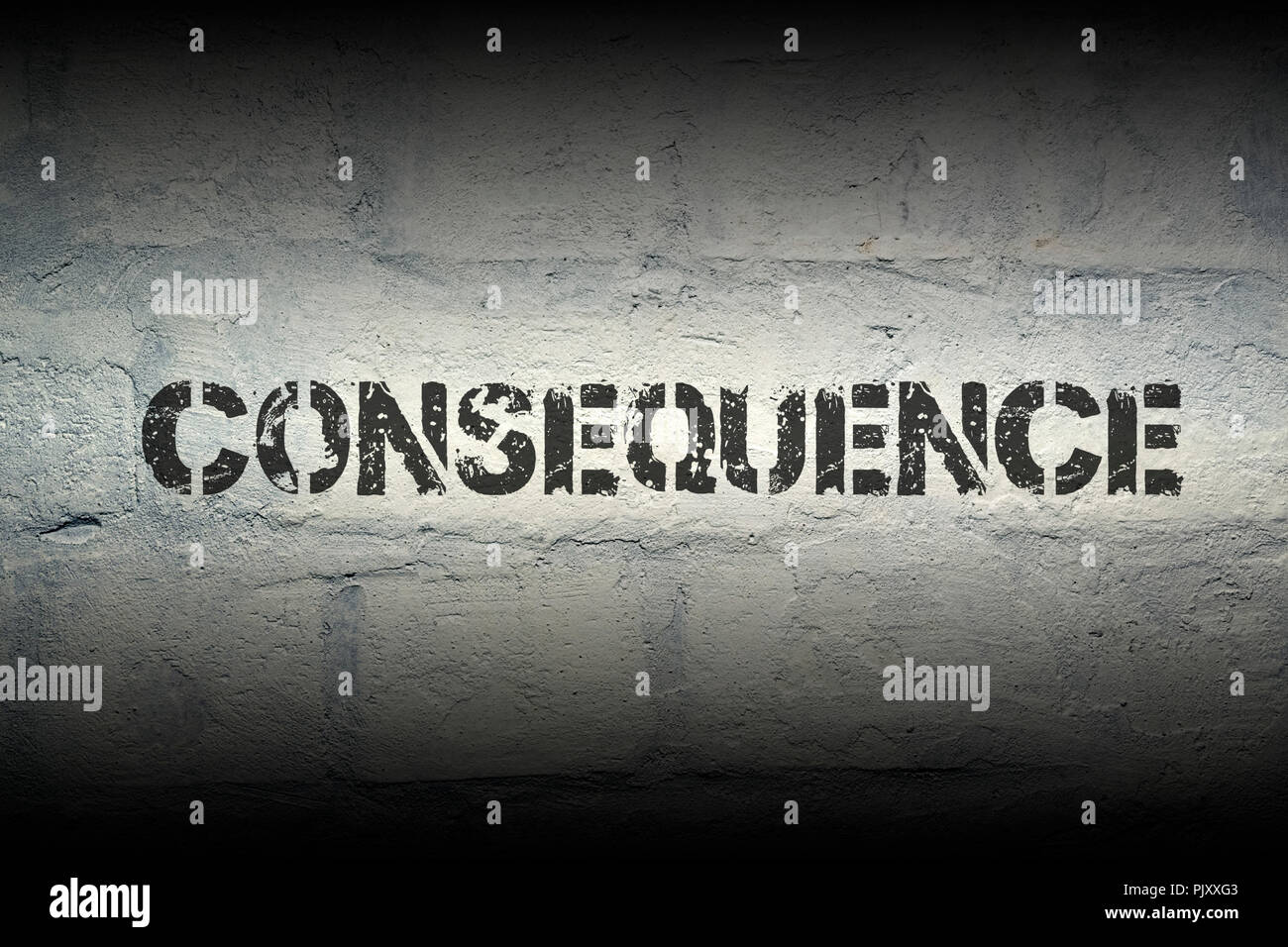 consequence stencil print on the grunge white brick wall Stock Photo ...