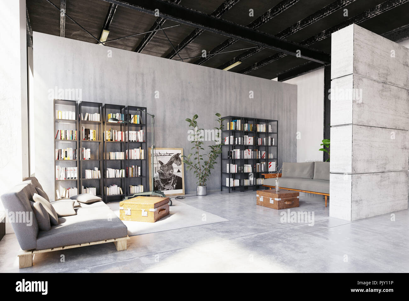 modern loft lving room. 3d rendering design concept Stock Photo - Alamy