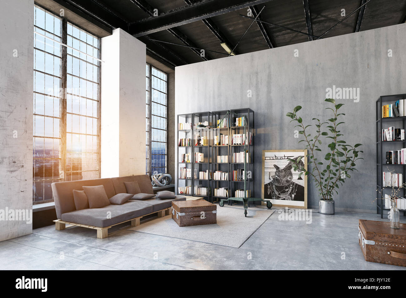 modern loft lving room. 3d rendering design concept Stock Photo - Alamy