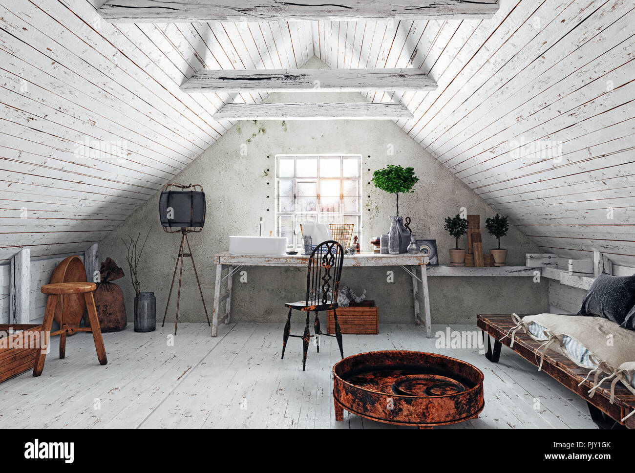 modern attic white interior. 3d rendering design concept Stock Photo ...