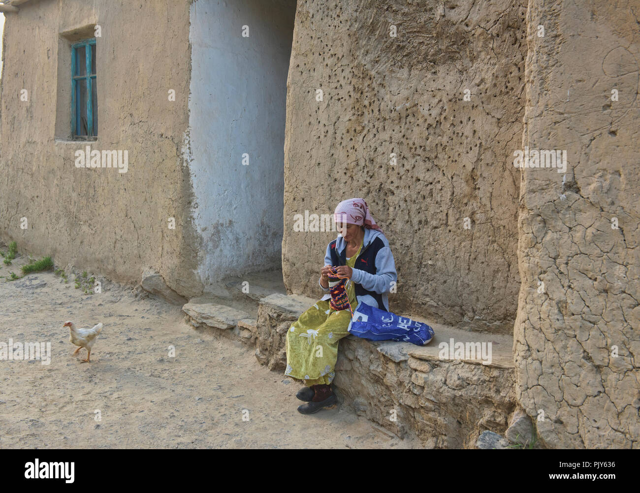 Pamiri woman sewing in Jizeu (Jizev) village in the Bartang Valley ...