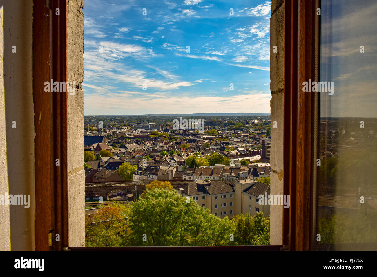 Great view of the city of Aachen from the window of a medieval ...