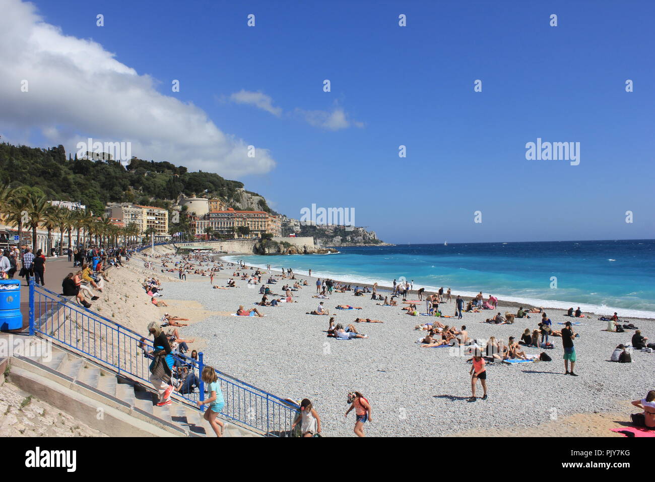 NICE, FRANCE - APRIL 22 2017: few people on the beach of Nice, Cote d ...
