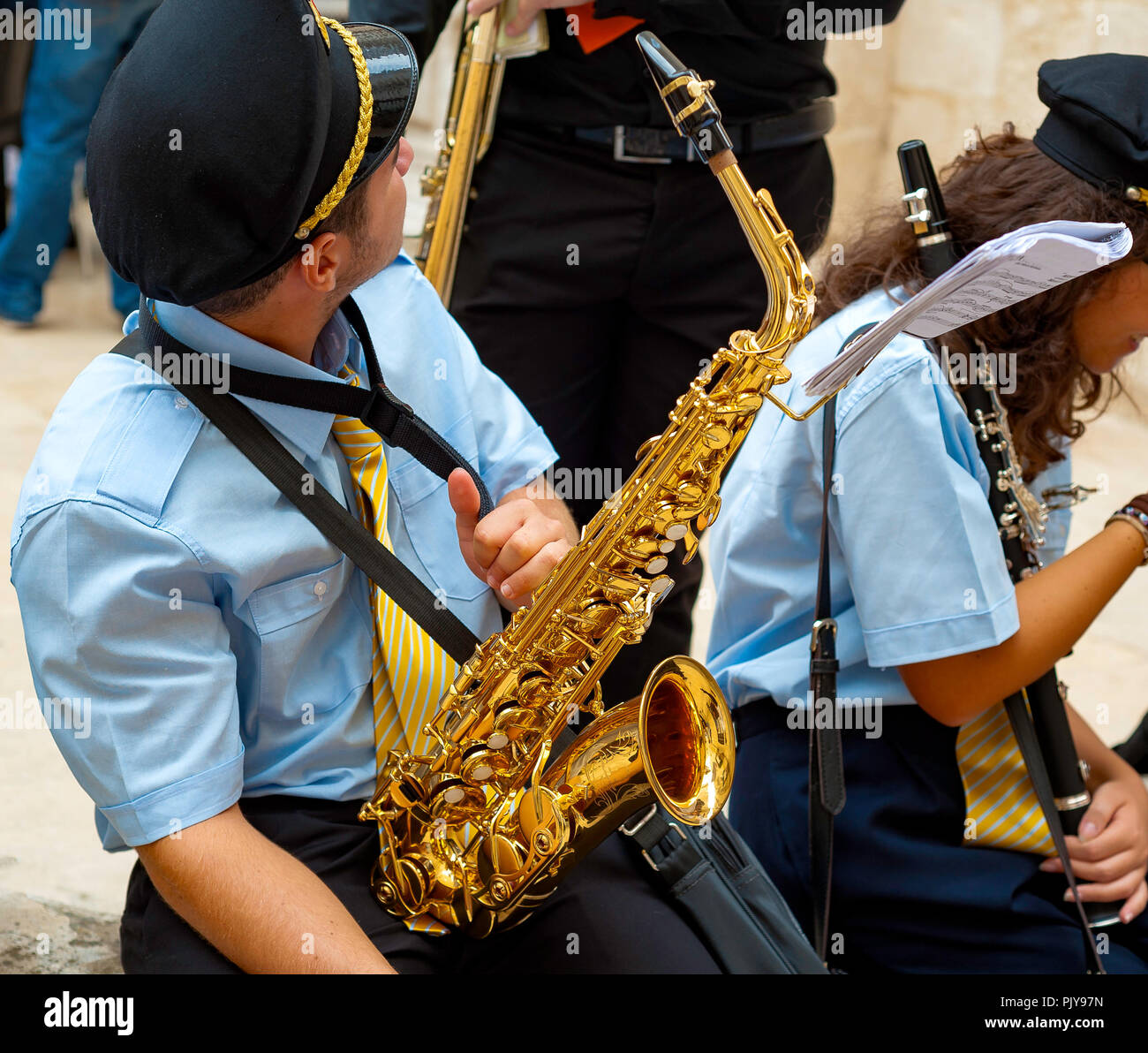Saxophones of a town band during a performance Stock Photo - Alamy