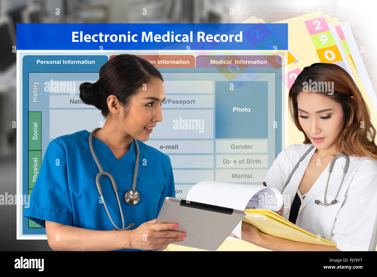 Two female doctors showing change of medical record technology from ...