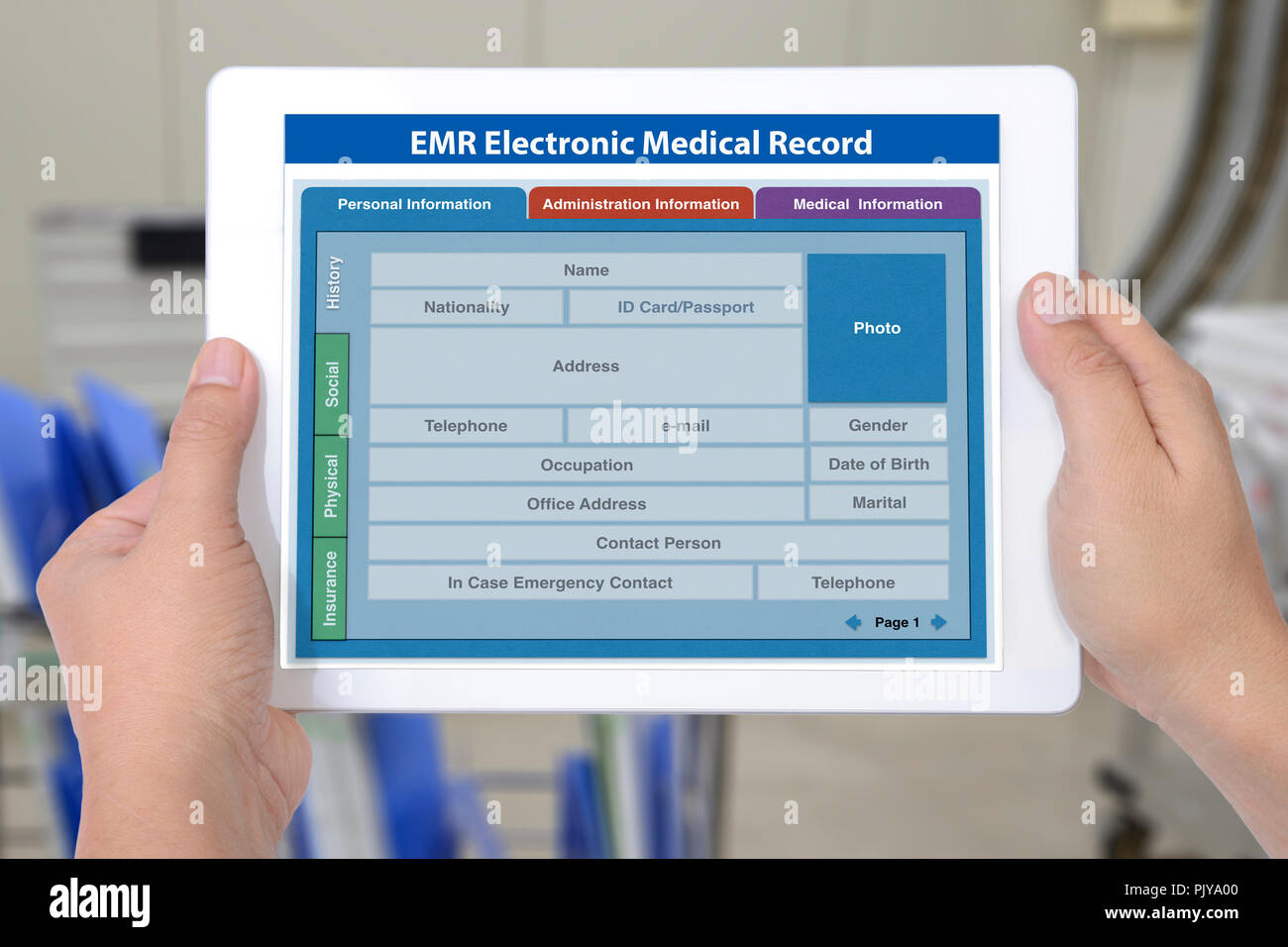 Electronic medical record application showing blank patient information ...