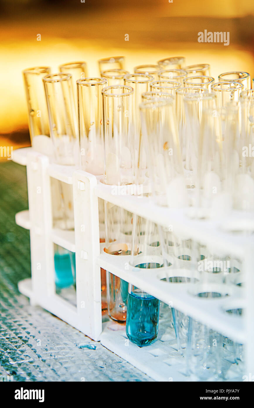 Lab science research glass items adding drop to one of several test ...