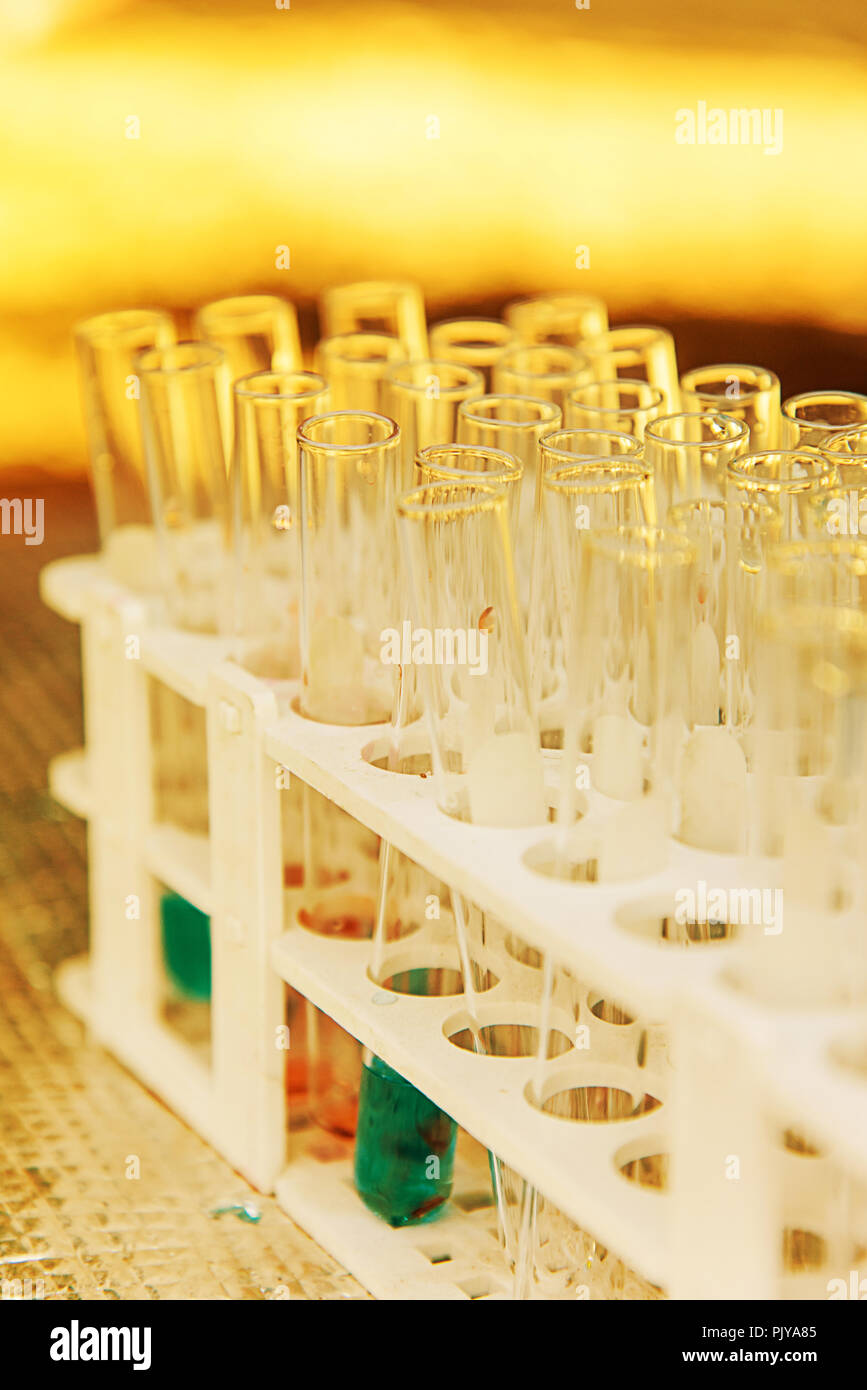 Lab science research glass items adding drop to one of several test ...