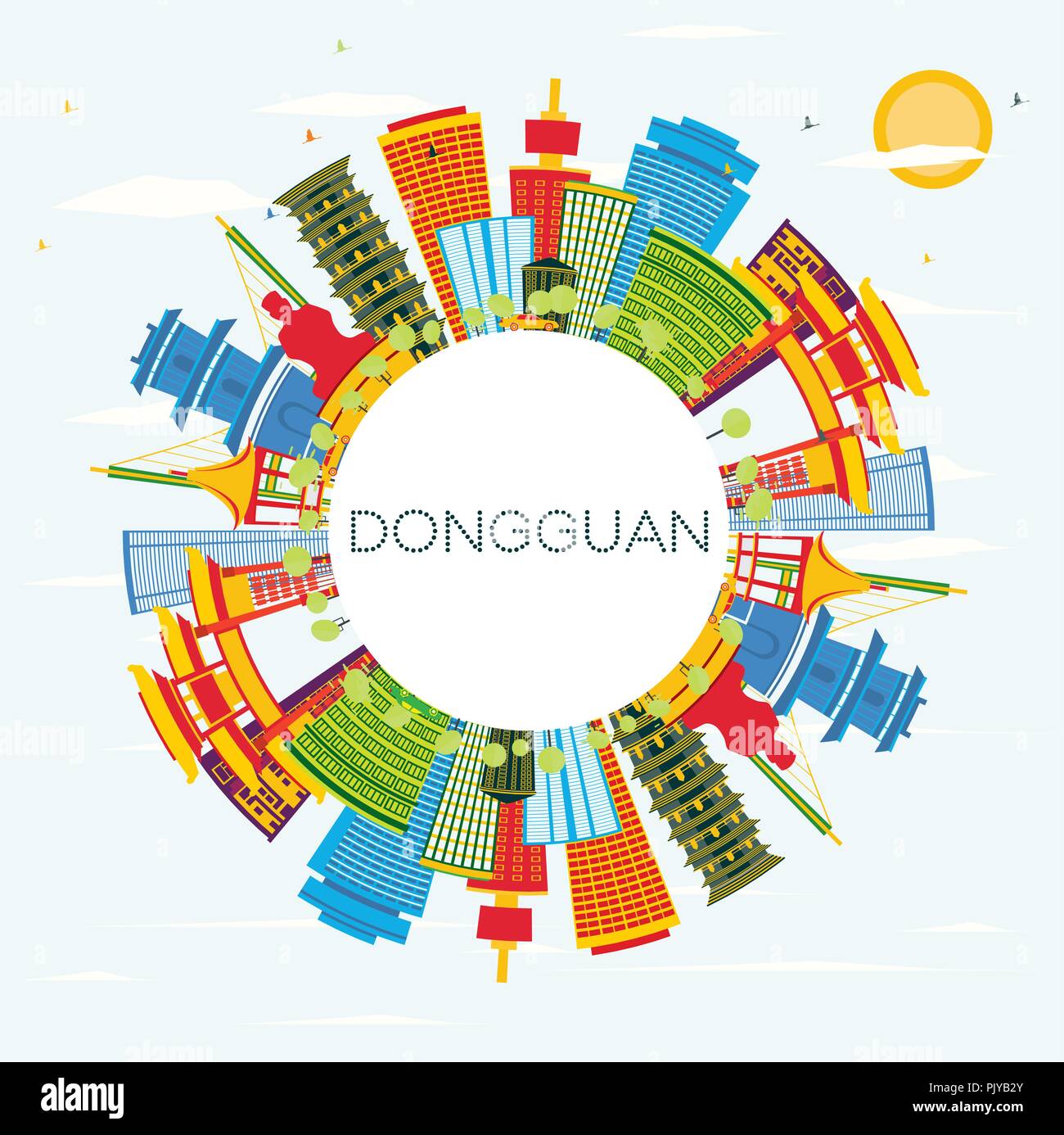 Dongguan China City Skyline with Color Buildings, Blue Sky and Copy ...