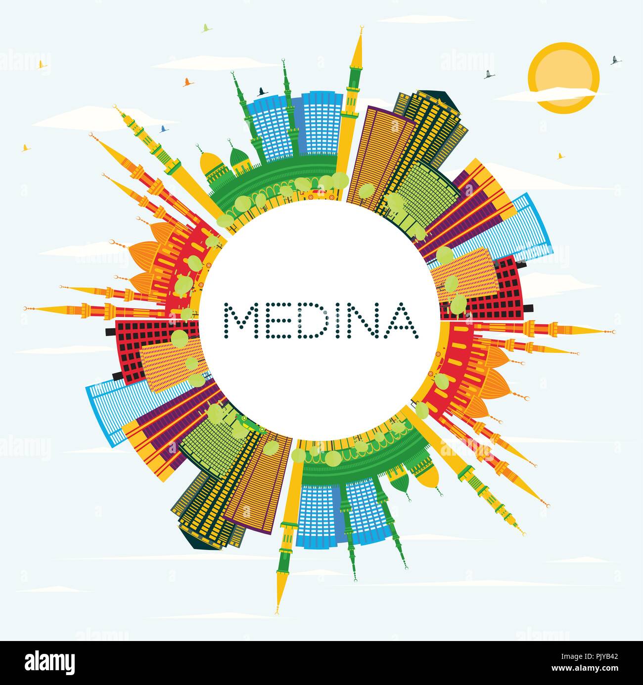 Medina Saudi Arabia City Skyline with Color Buildings, Blue Sky and ...