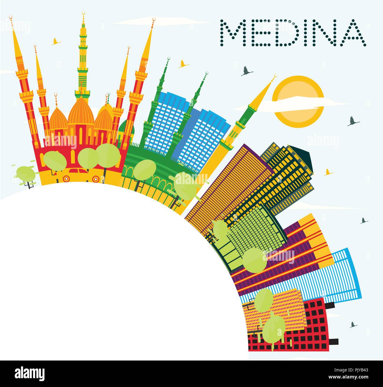 Medina Saudi Arabia City Skyline with Color Buildings, Blue Sky and ...