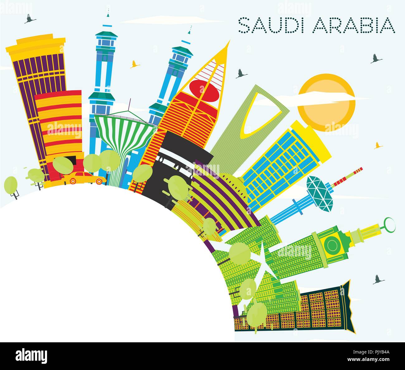 Saudi Arabia Skyline with Color Landmarks, Blue Sky and Copy Space ...