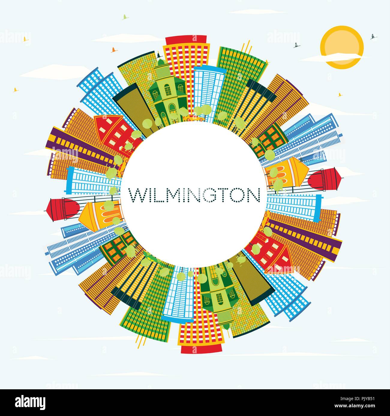 Wilmington Delaware City Skyline with Color Buildings, Blue Sky and ...