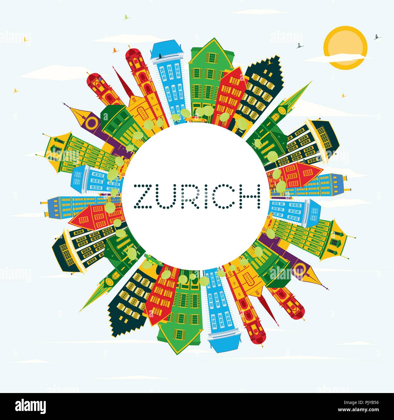 Zurich Switzerland City Skyline with Color Buildings, Blue Sky and Copy ...