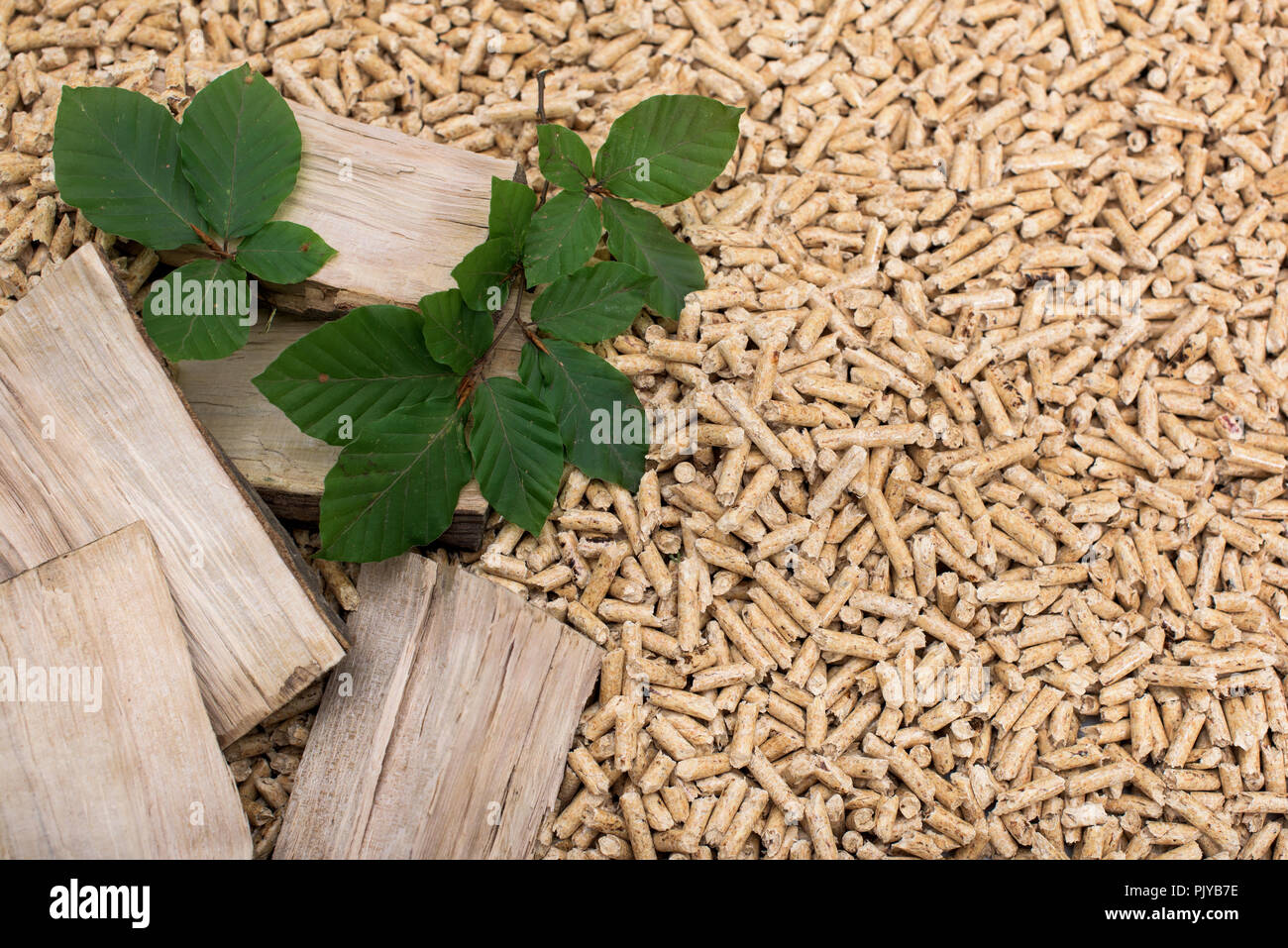 Oak biomass - pile of wood, leaves and pellets Stock Photo - Alamy