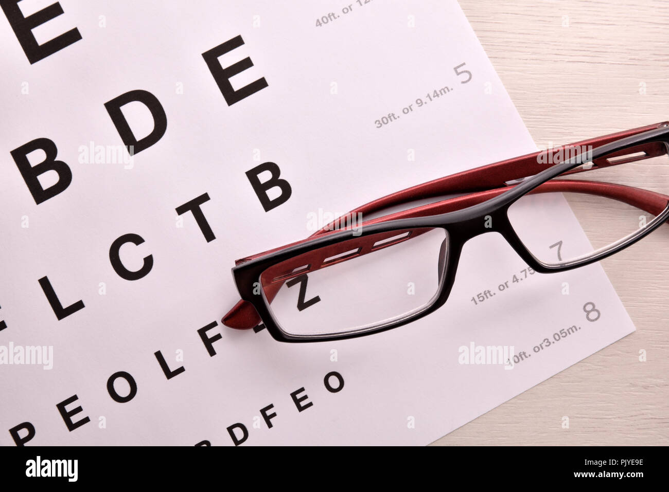 Concept of eye revision with sheet with letters and correction glasses ...