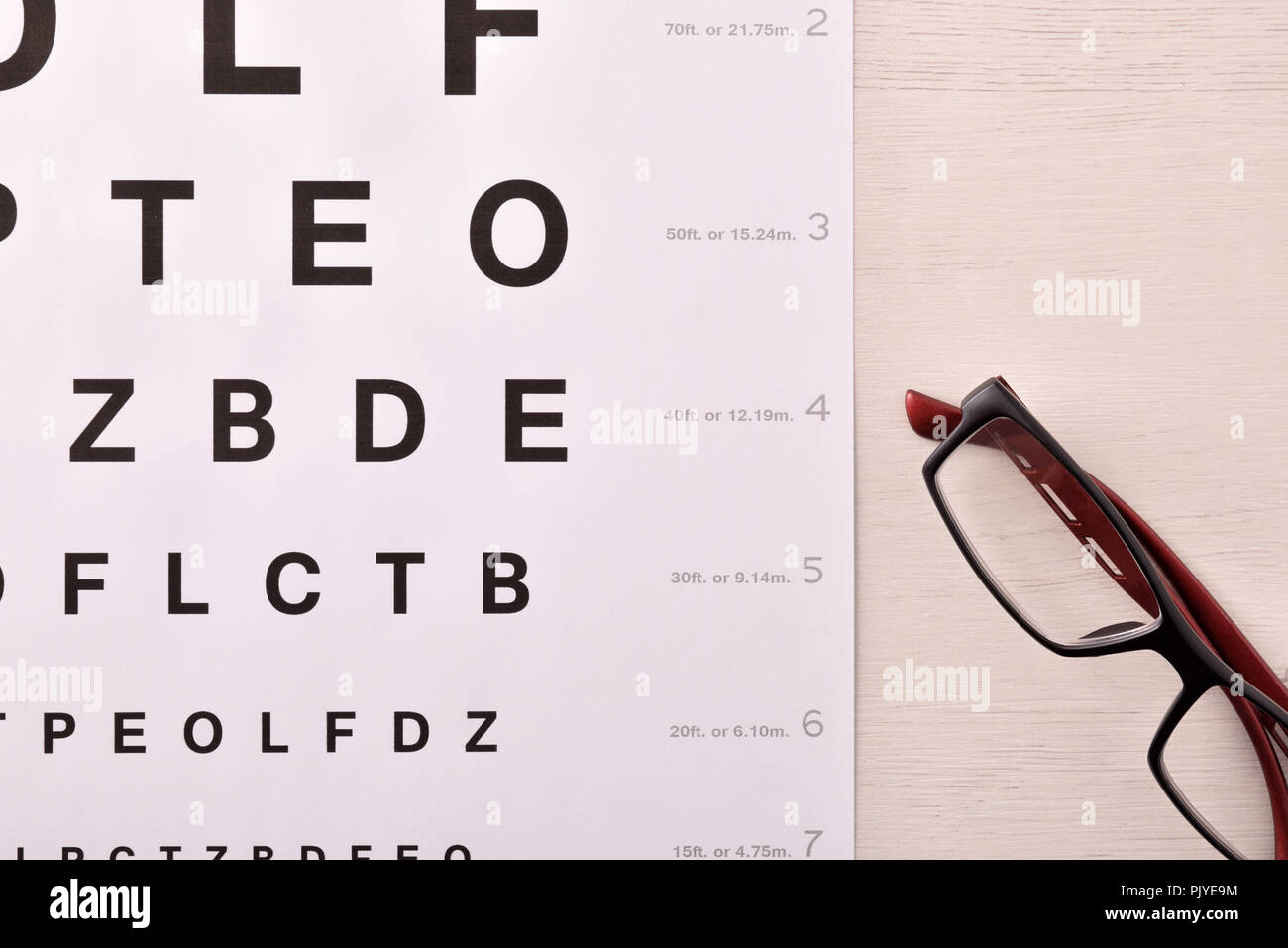 Concept of eye revision with sheet with letters and correction glasses ...
