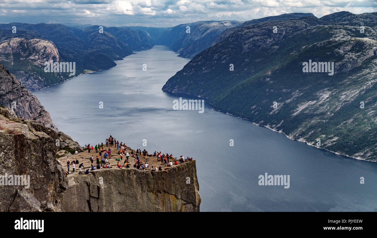 Preikestolen, pulpit rock with tourists and fjord Stock Photo - Alamy