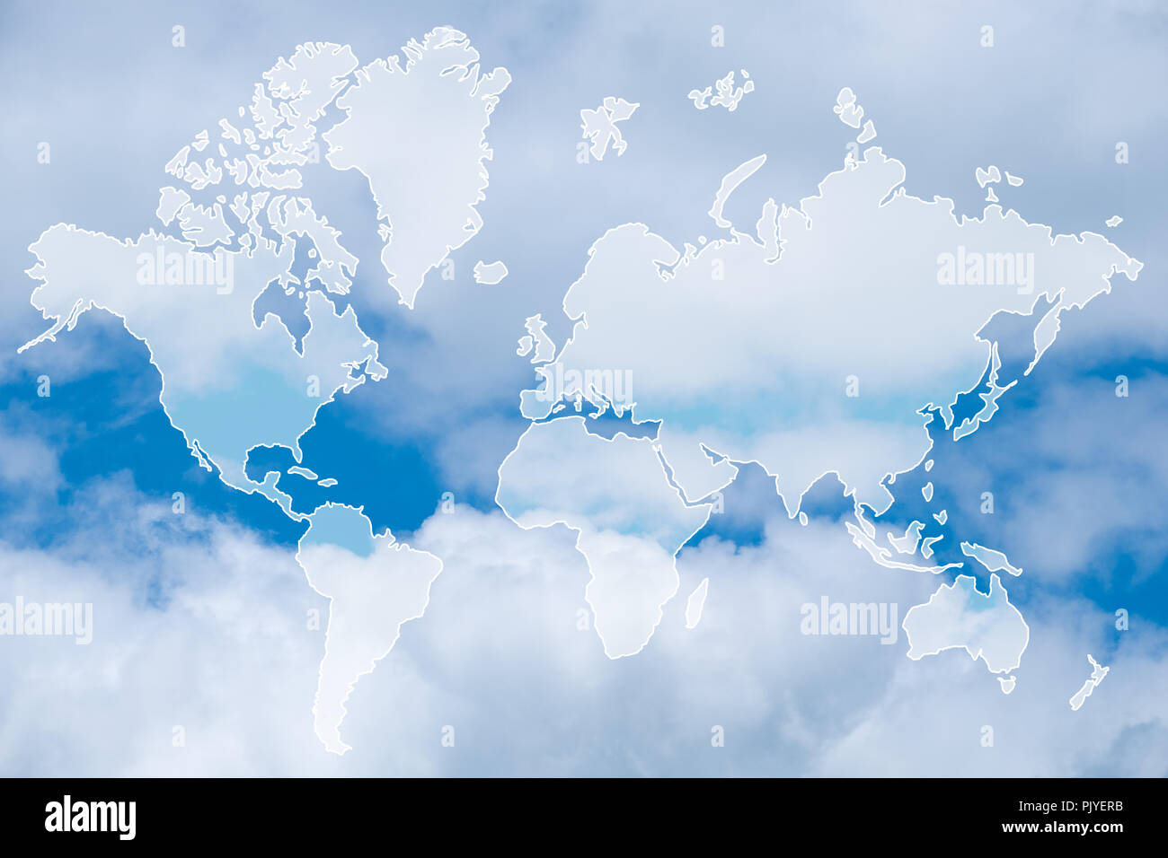 Double exposure of world map above sweet pastel colored cloud and sky ...