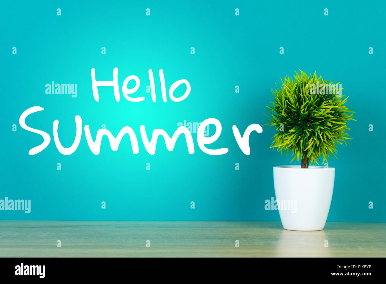 Hello summer text with little decorative tree and flower bouquet in ...