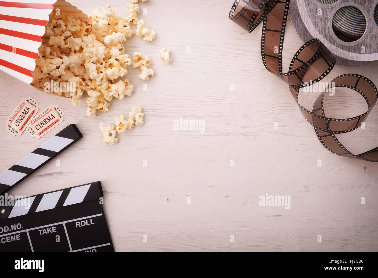 Background of watching movies with several objects with a wooden ...