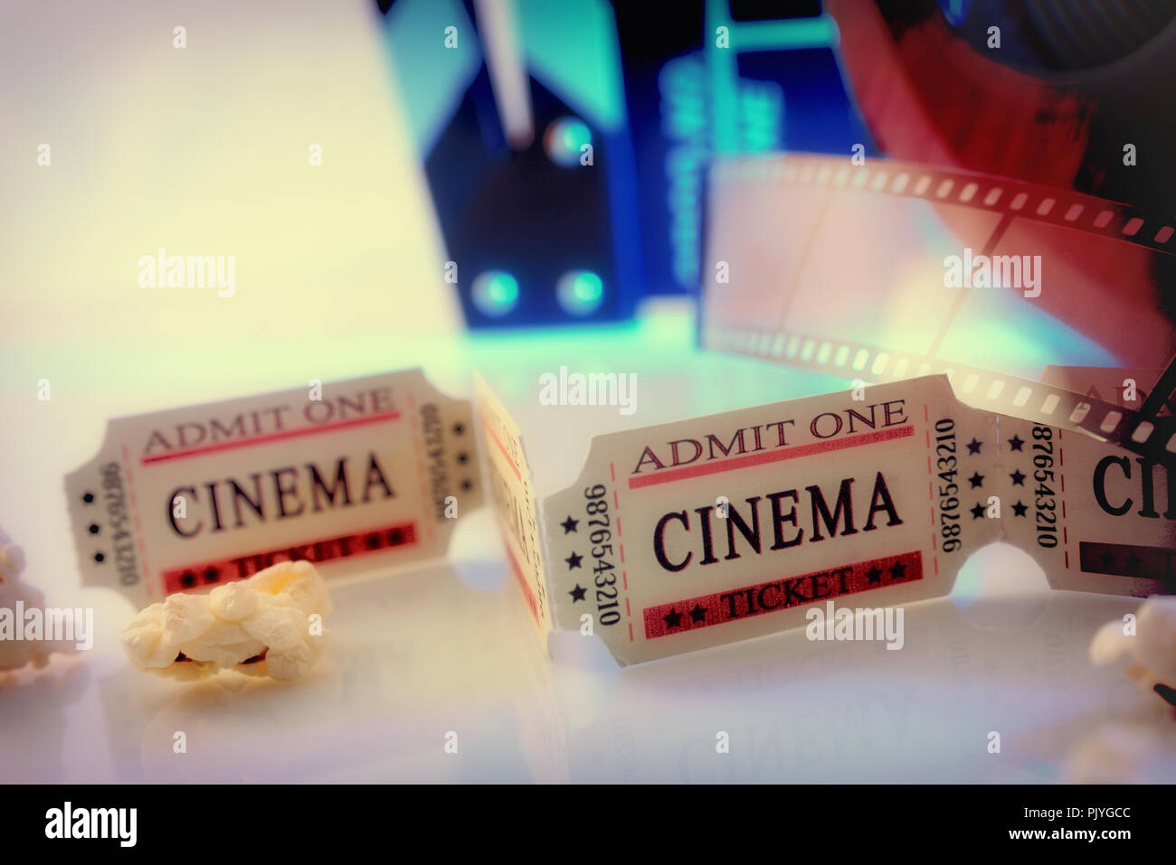 Conceptual objects of cinema on white table and background close up ...