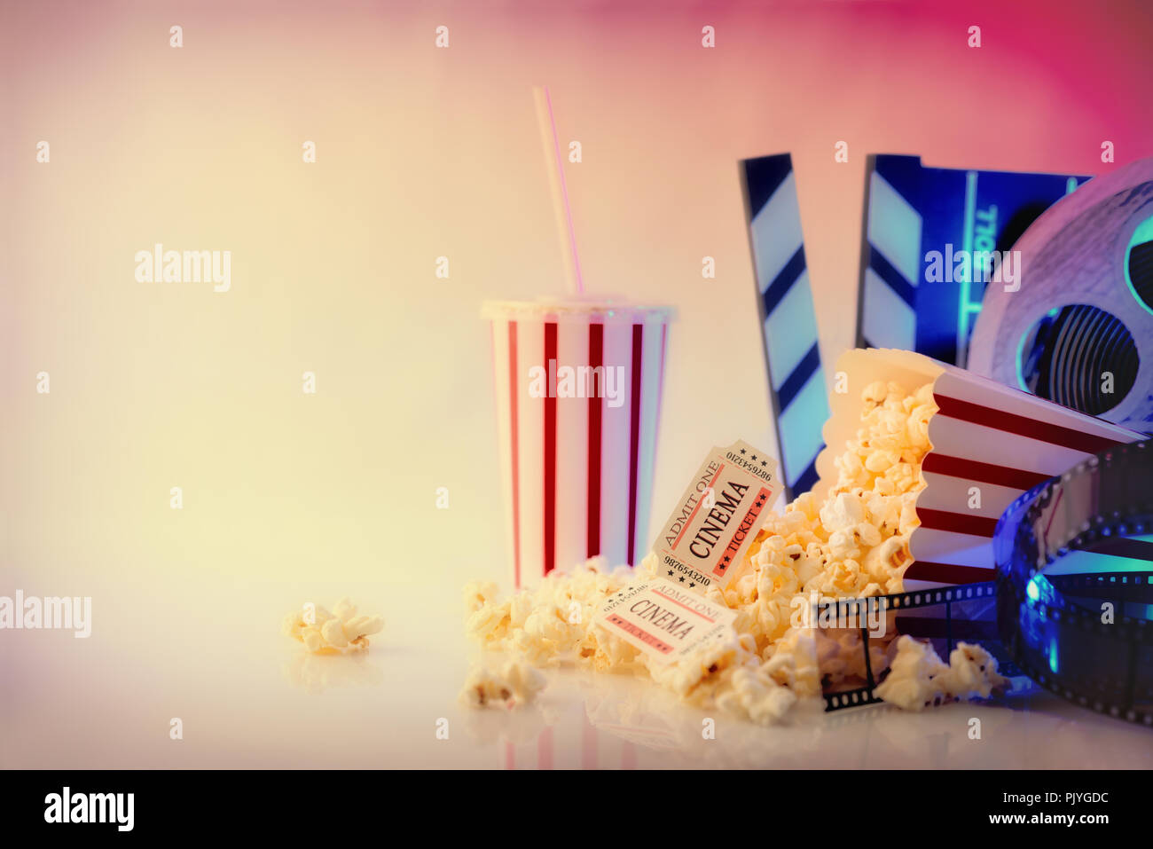 Conceptual objects of cinema on white table and background. Concept of ...