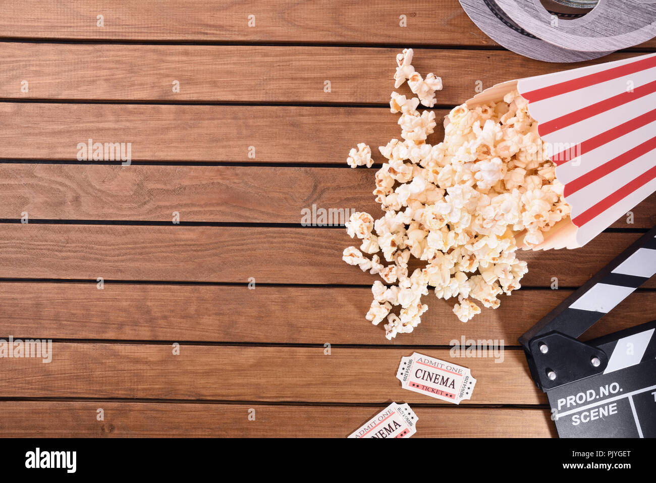 Cinema concept with related objects on wooden slat table. Concept of ...