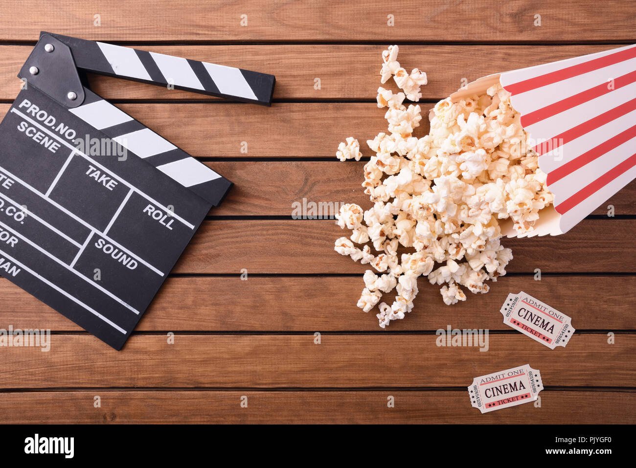 Cinema concept with related objects on wooden slat table. Concept of ...