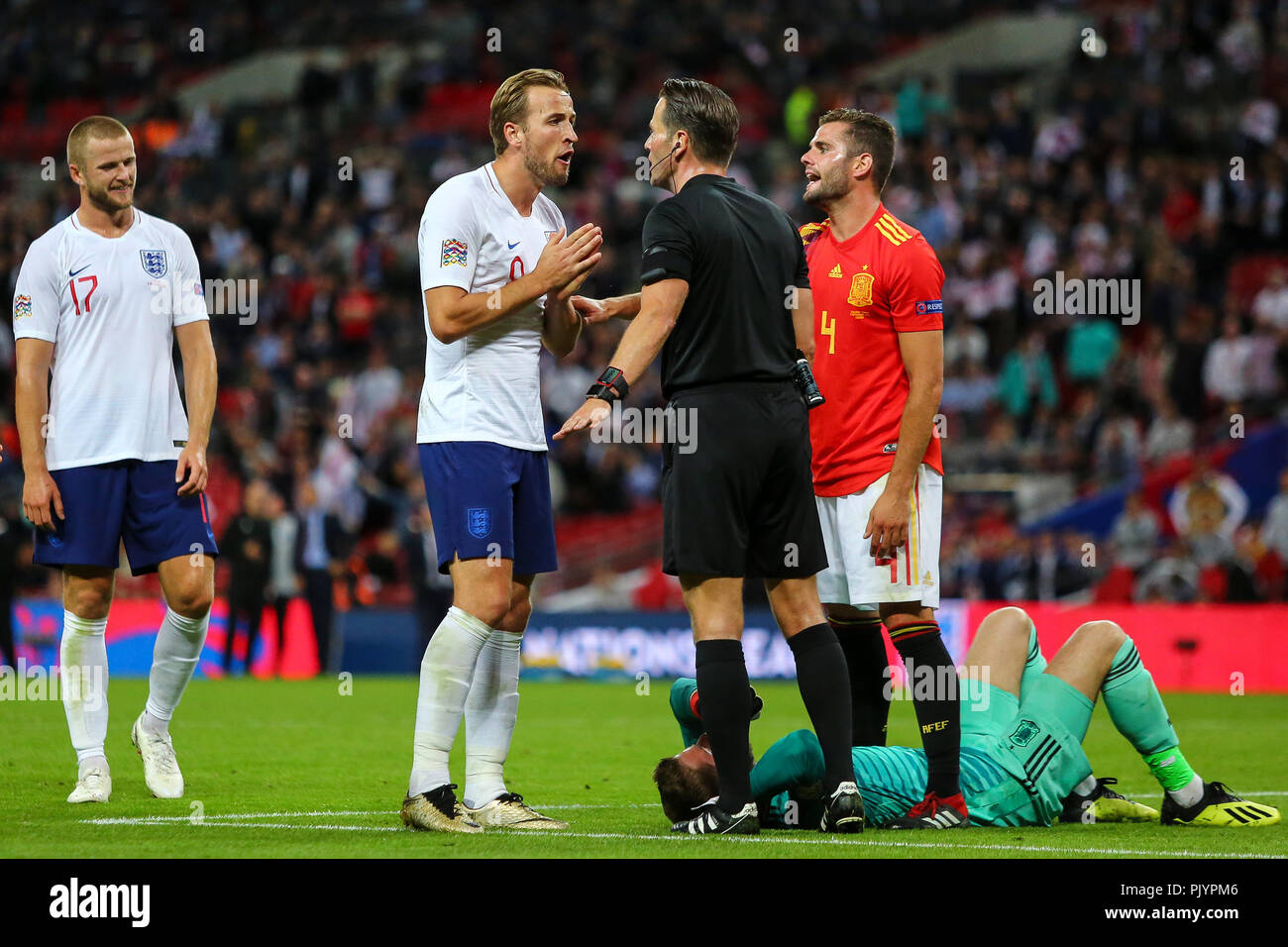 London, UK. 8th Sept 2018. Harry Kane of England remonstrates with the ...