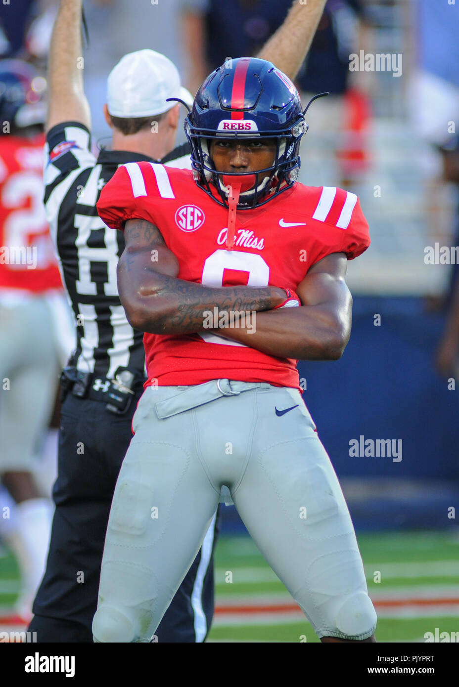 Oxford, MS, USA. 08th Sep, 2018. Rebels DB, C.J. Miller (8), poses for ...