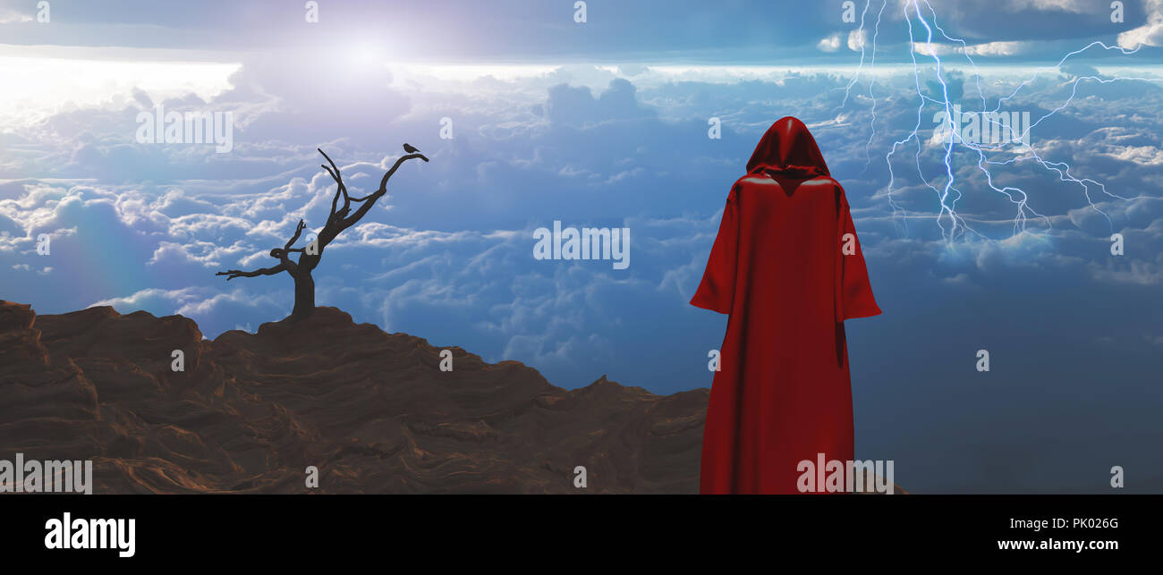 Figure in red cloak meets sunrise Stock Photo - Alamy
