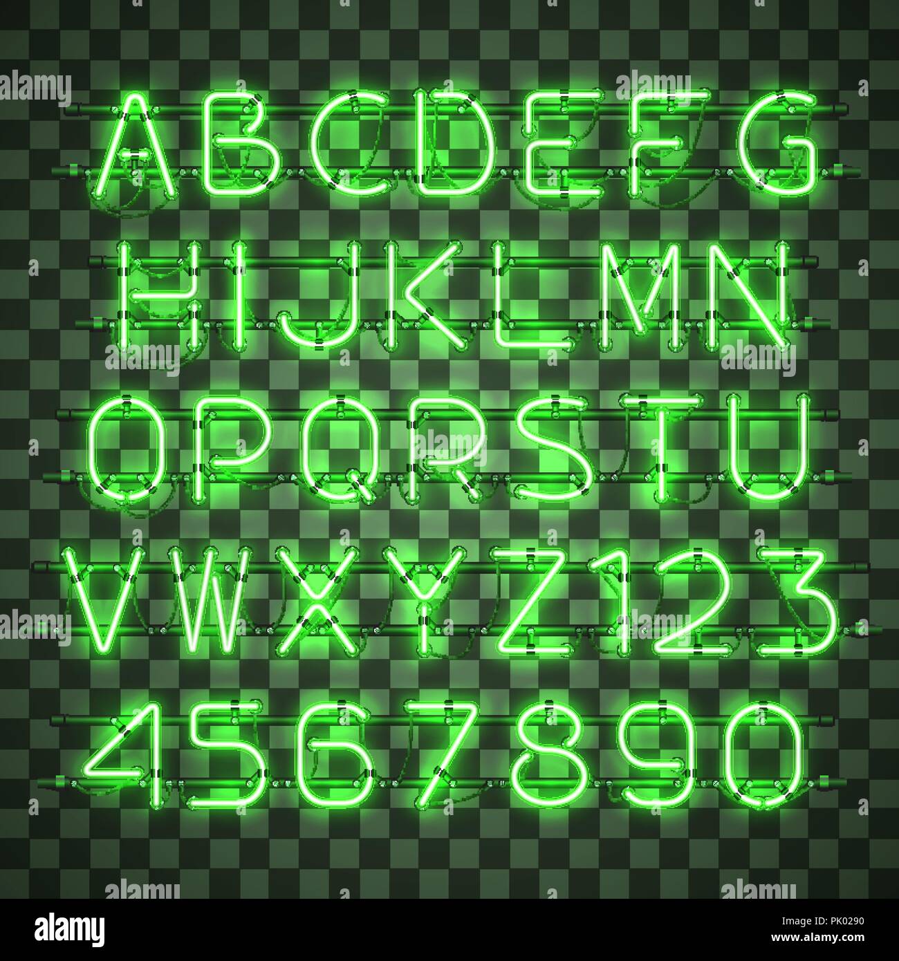 Shining and glowing green neon alphabet and digits Stock Vector Image ...