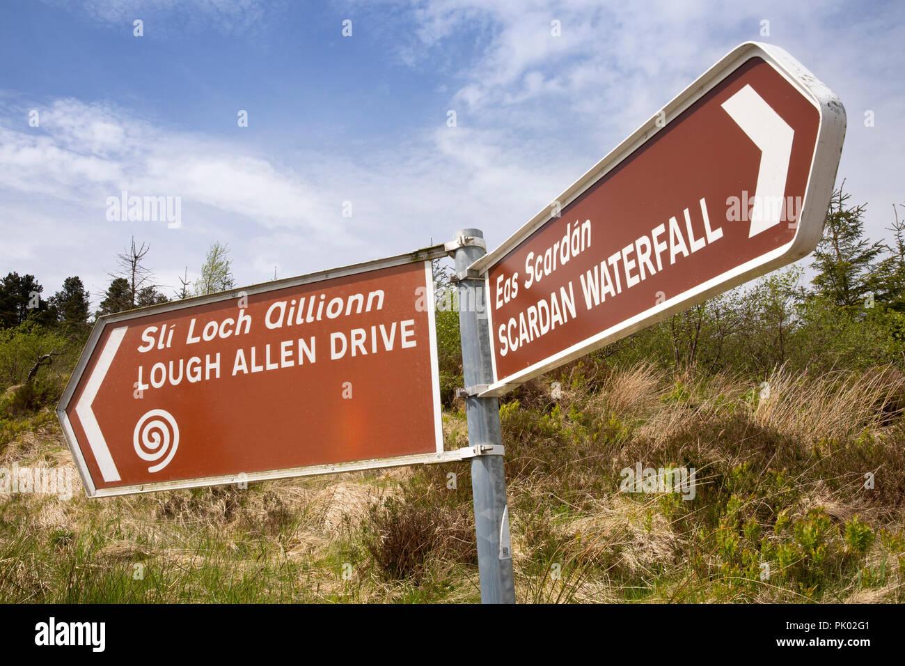 Ireland, Co Leitrim, Arigna, Scardan Waterfall sign on Lough Allen ...