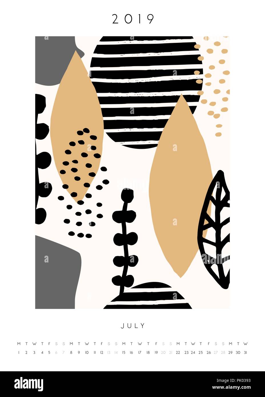 Printable A4 size July 2019 calendar template. Collage style design ...