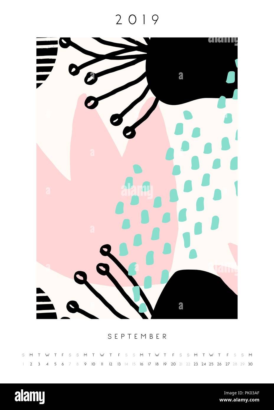 Printable A4 size September 2019 calendar template. Collage style ...