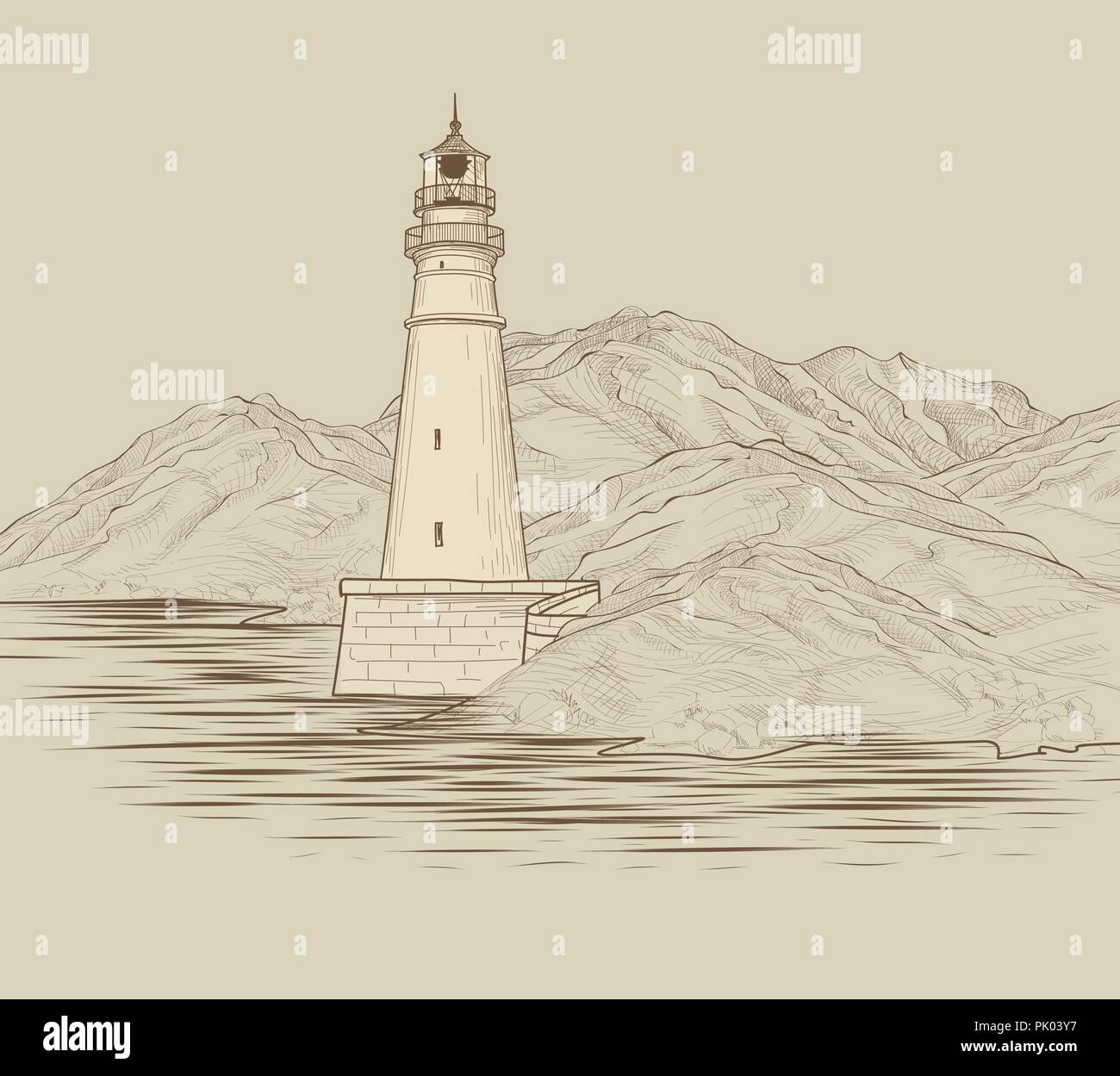 Lighthouse seaside view. Hand drawn seascape with beacon. Landscape ...