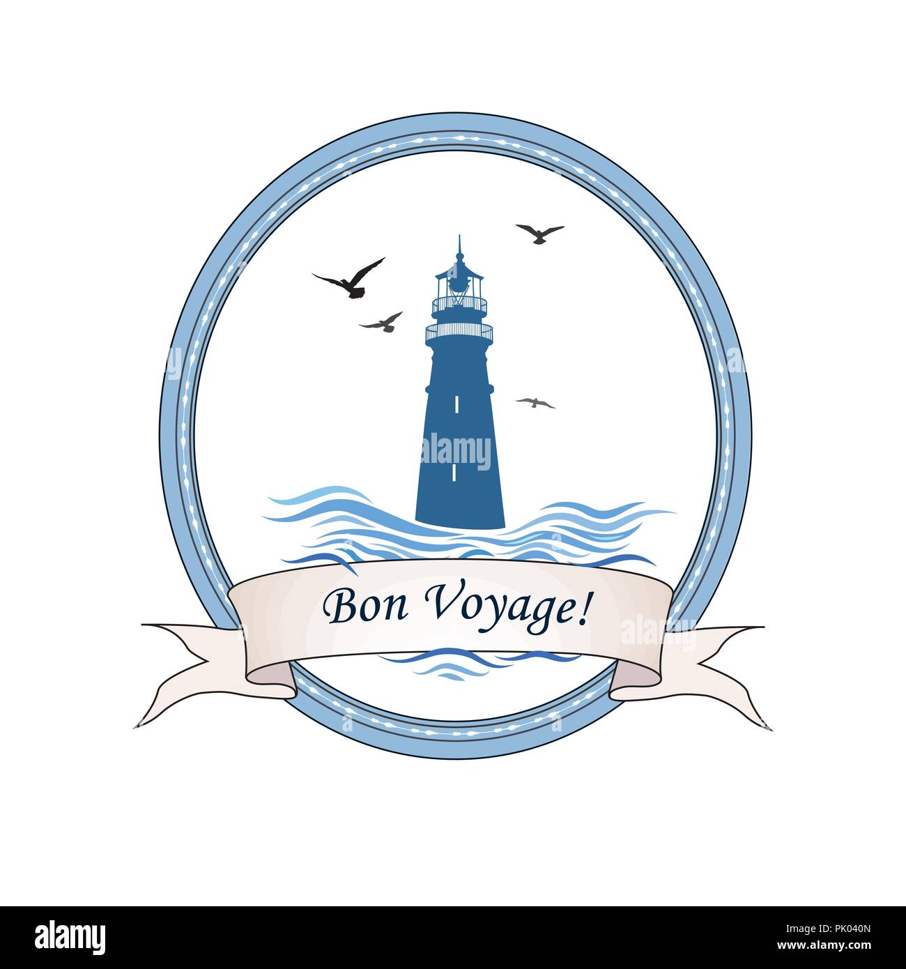 Lighthouse logo. Nautical icon with lighthouse, ocean waves, gull birds ...
